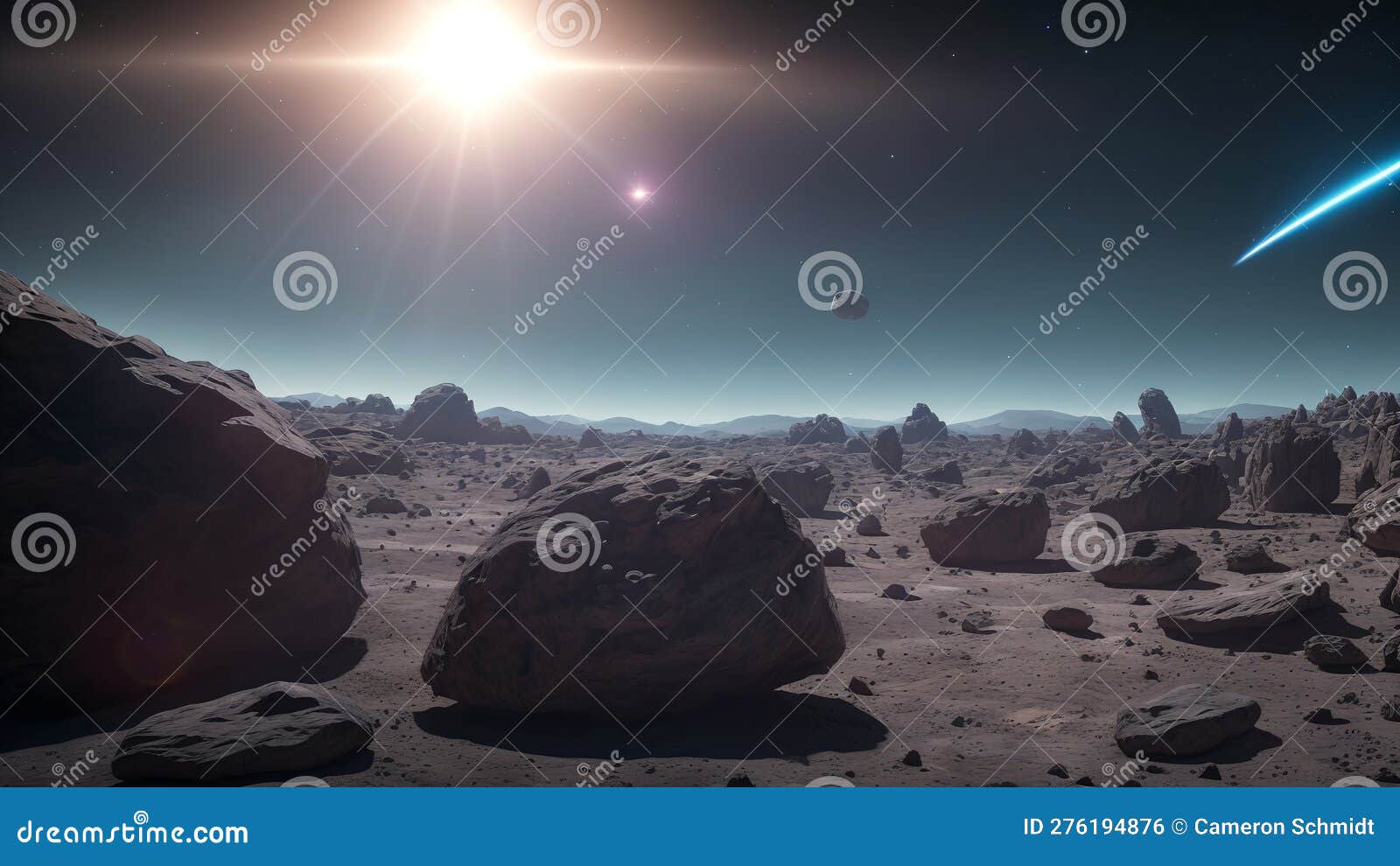 An Abstract View of a Rocky Landscape with a Comet Flying Over it AI ...