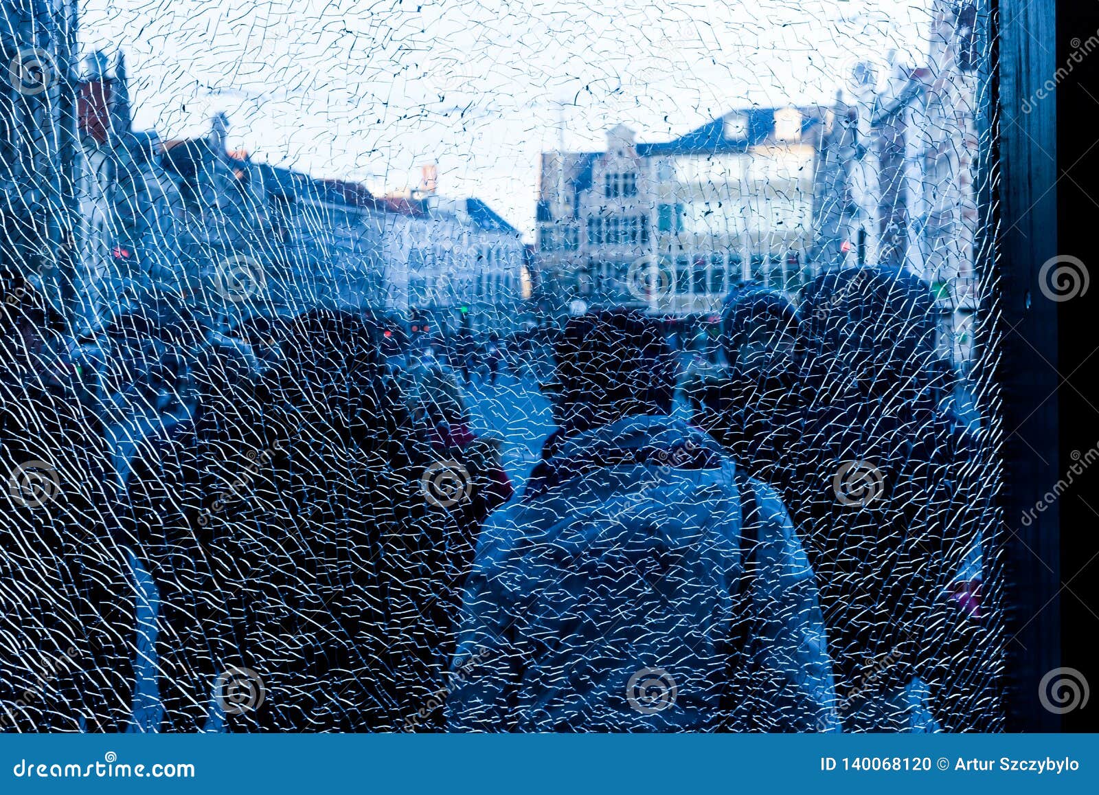 Abstract View through the Window with Blurred Glass. Crowd of People ...