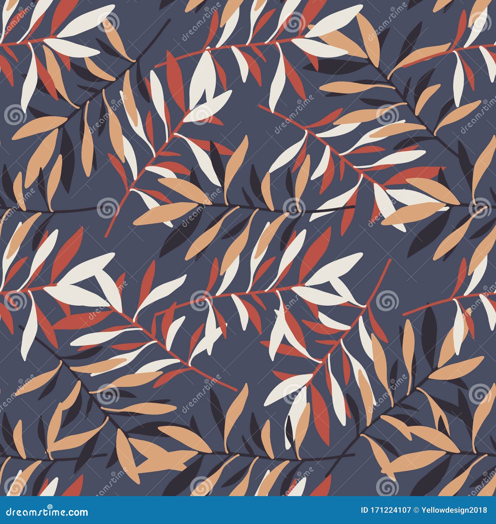 Abstract Vintage Leaf Seamless Pattern on Blue Background. Botanical ...