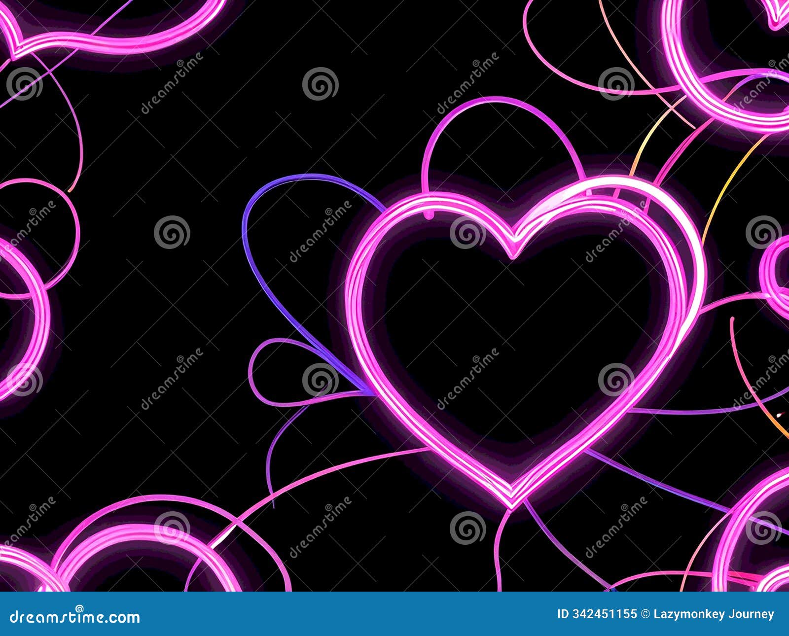 Abstract Violet Pink Neon Light Heart Doodle on Black Background Stock ...