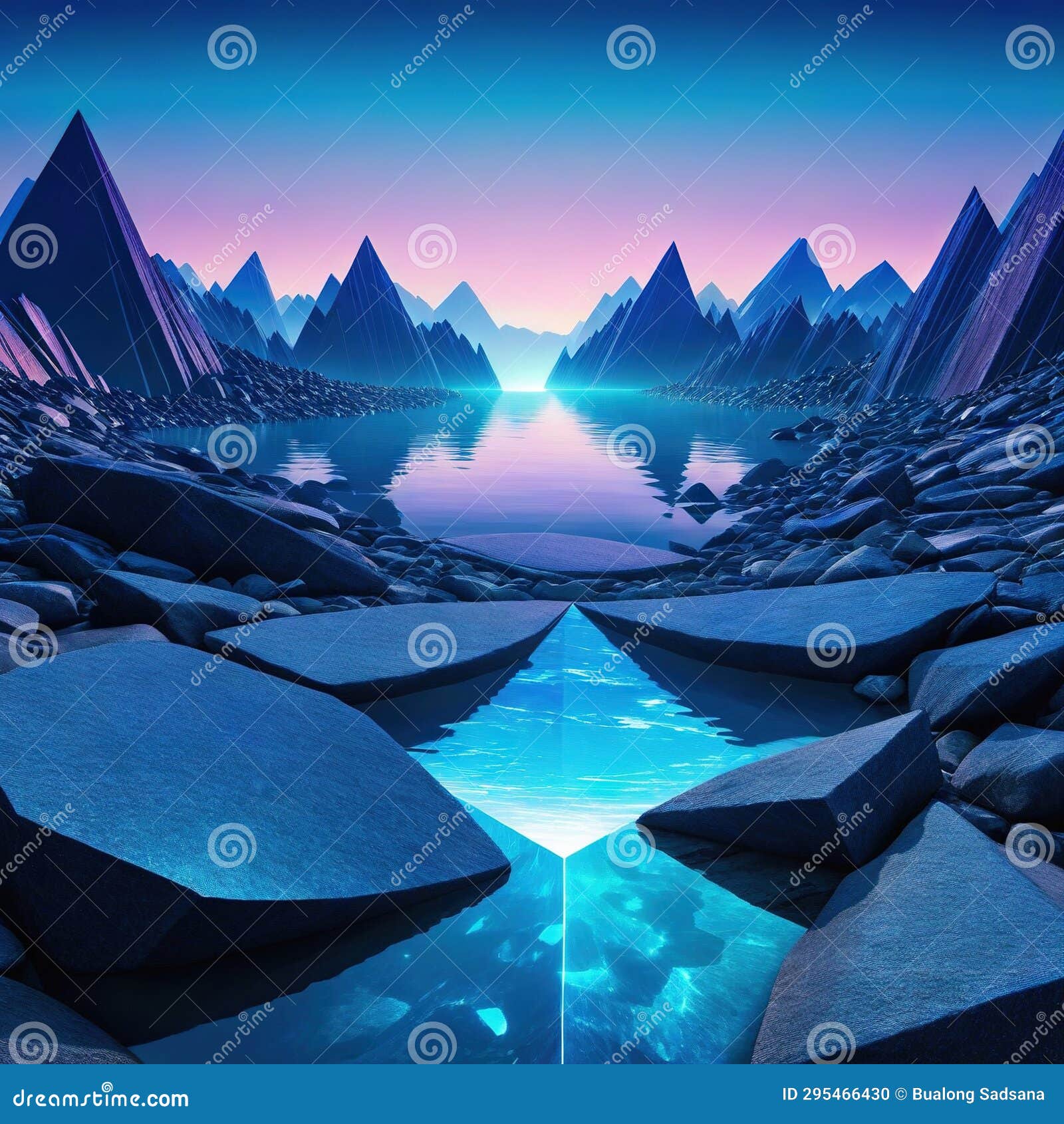 Abstract Virtual Landscape with Blue Rocks and Surreal Fantastic ...