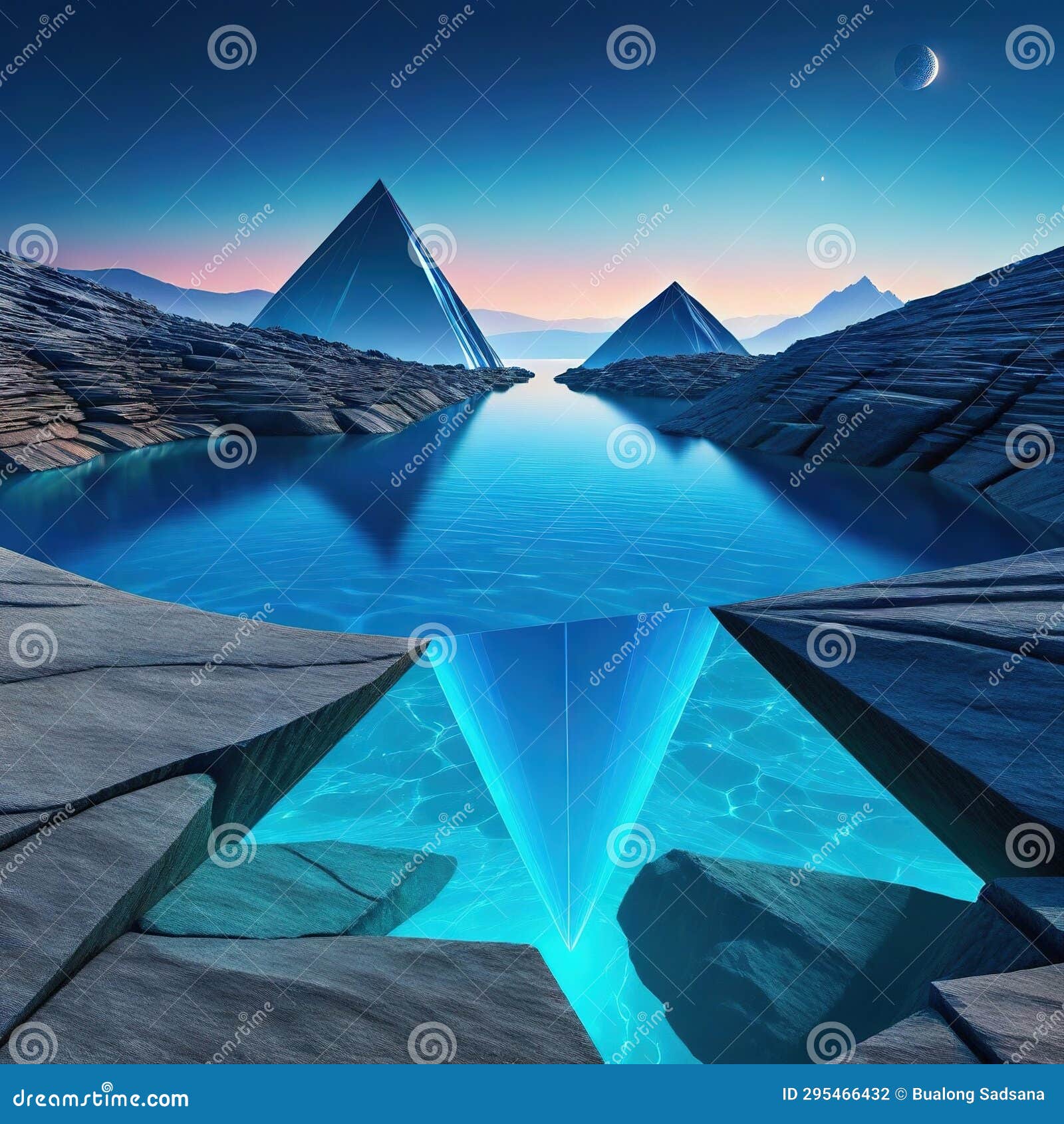 Abstract Virtual Landscape with Blue Rocks and Surreal Fantastic ...