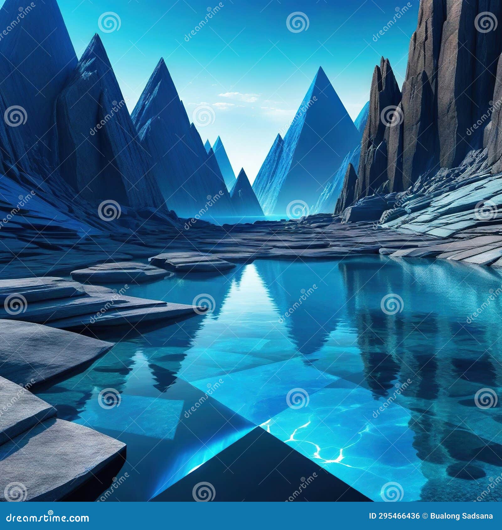 Abstract Virtual Landscape with Blue Rocks and Surreal Fantastic ...
