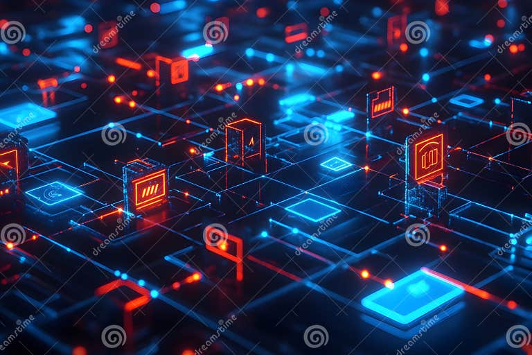 Abstract Virtual Network of Interconnected Data Nodes and Symbols, Blue ...