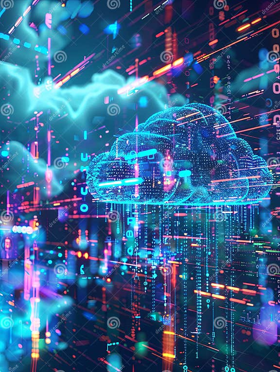 An Abstract Visualization of a Cloud Computing Network with Data Processing and AI Operations ...