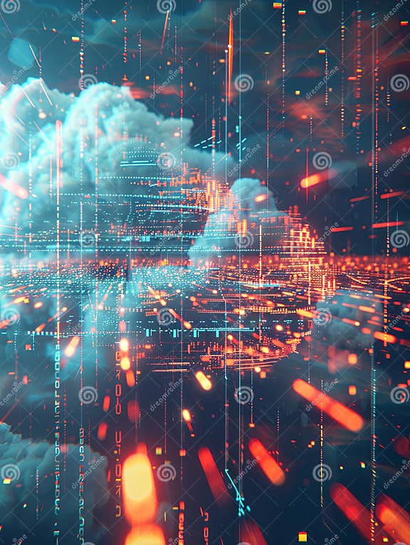 An Abstract Visualization Depicting Cloud Computing, with Digital Elements Representing Data ...