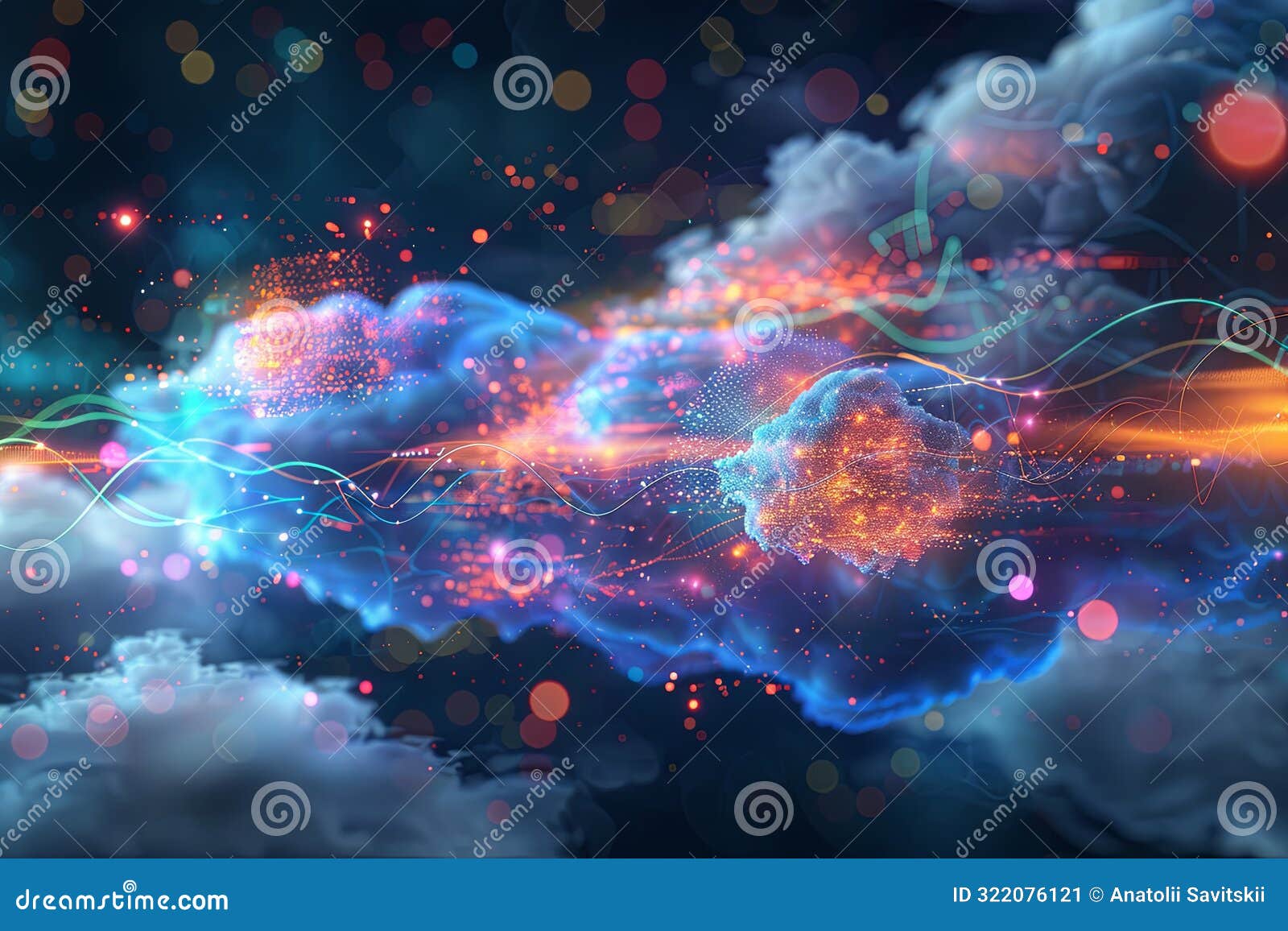 An Abstract Visualization Depicting Data Processing And Ai Operations In The Cloud Represented