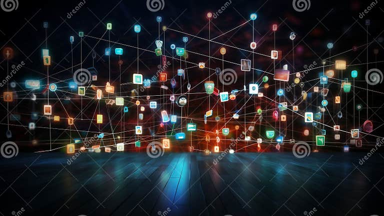 Abstract Visualization of Interconnected Digital Icons Representing a ...