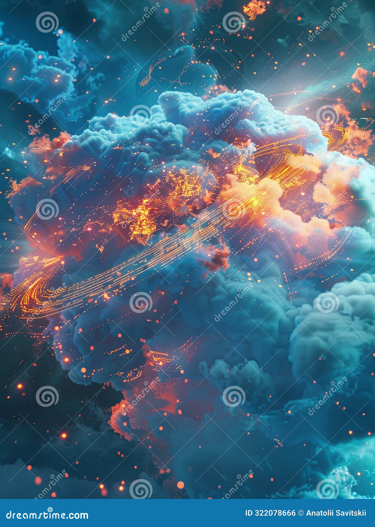 An Abstract Visualization Representing Data Processing and AI Operations within a Cloud ...