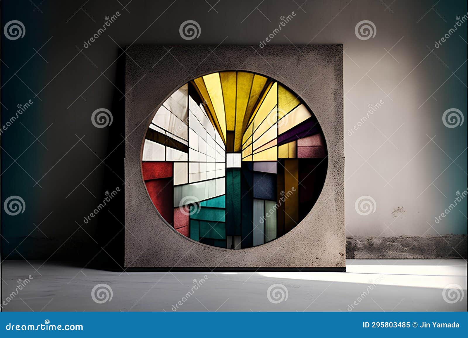 Abstract Wall with Colorful Stained Glass Window in Dark Room. 3d ...