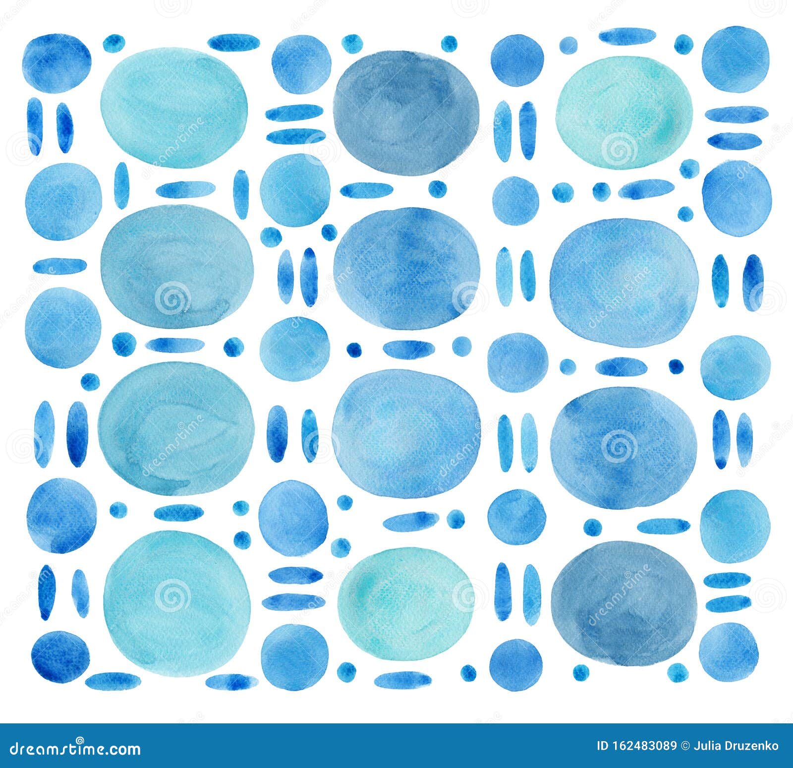Abstract Watercolor Illustration Blue Pattern of Circles and Ellipses ...