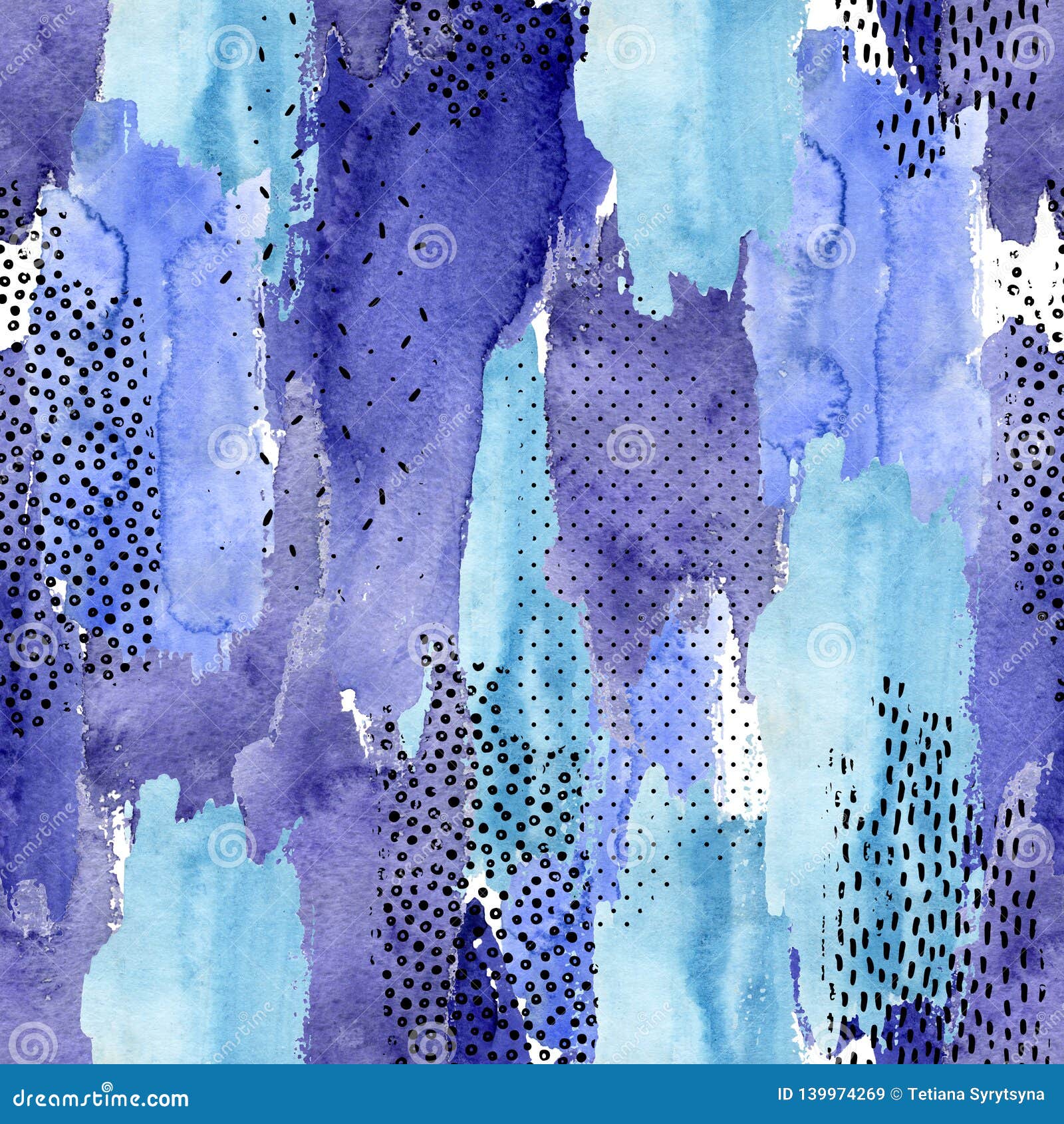 Abstract Watercolor And Ink Doodle Shapes Seamless Pattern Stock