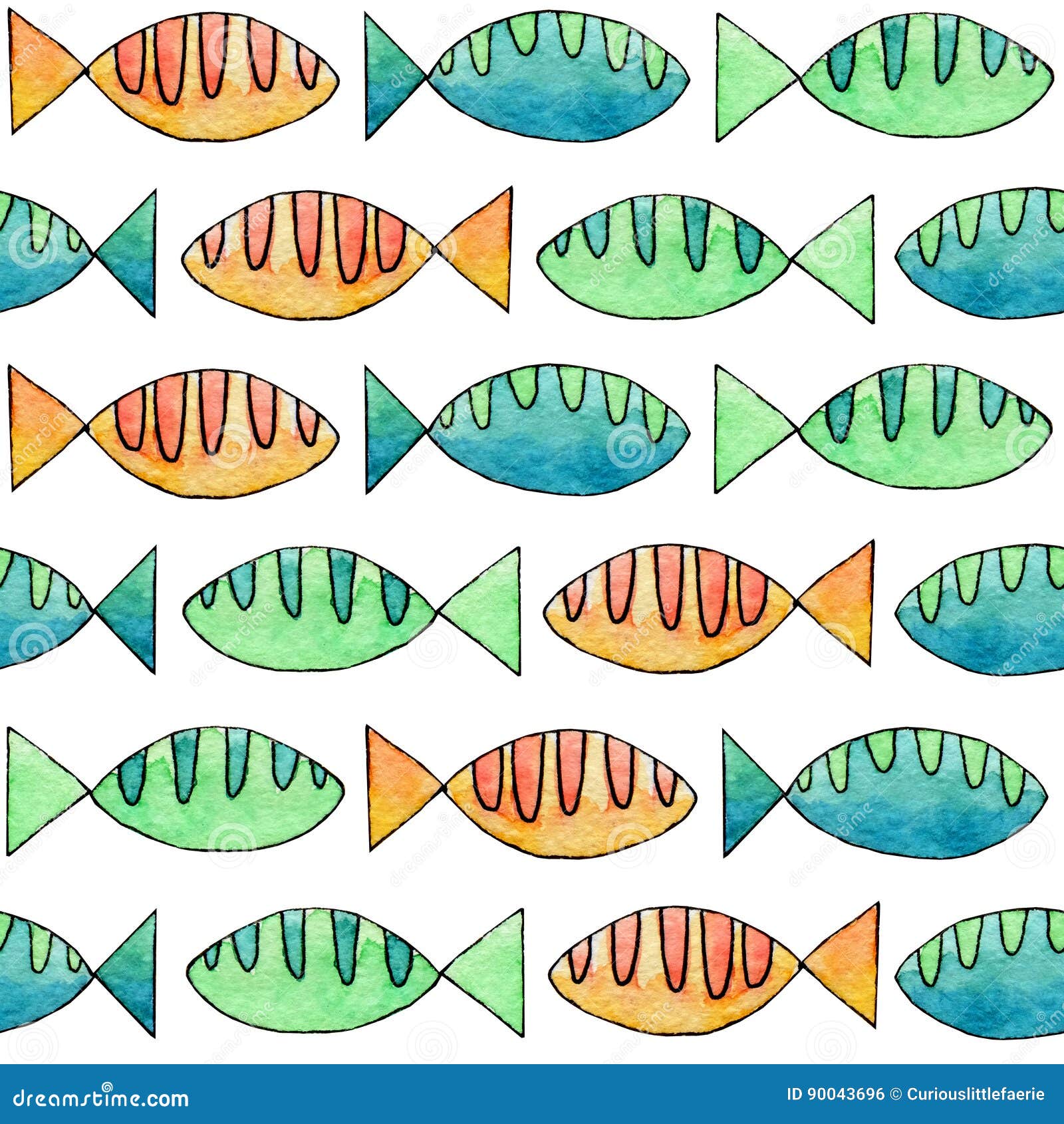 Abstract Watercolor and Ink Fish Pattern on the White Background Stock ...