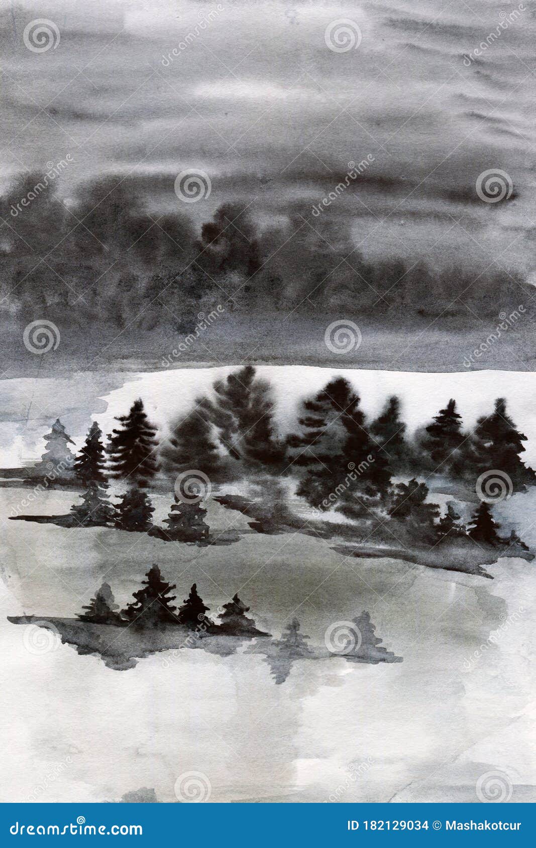 Abstract Watercolor Texture with Forest Landscape and Fog Stock ...