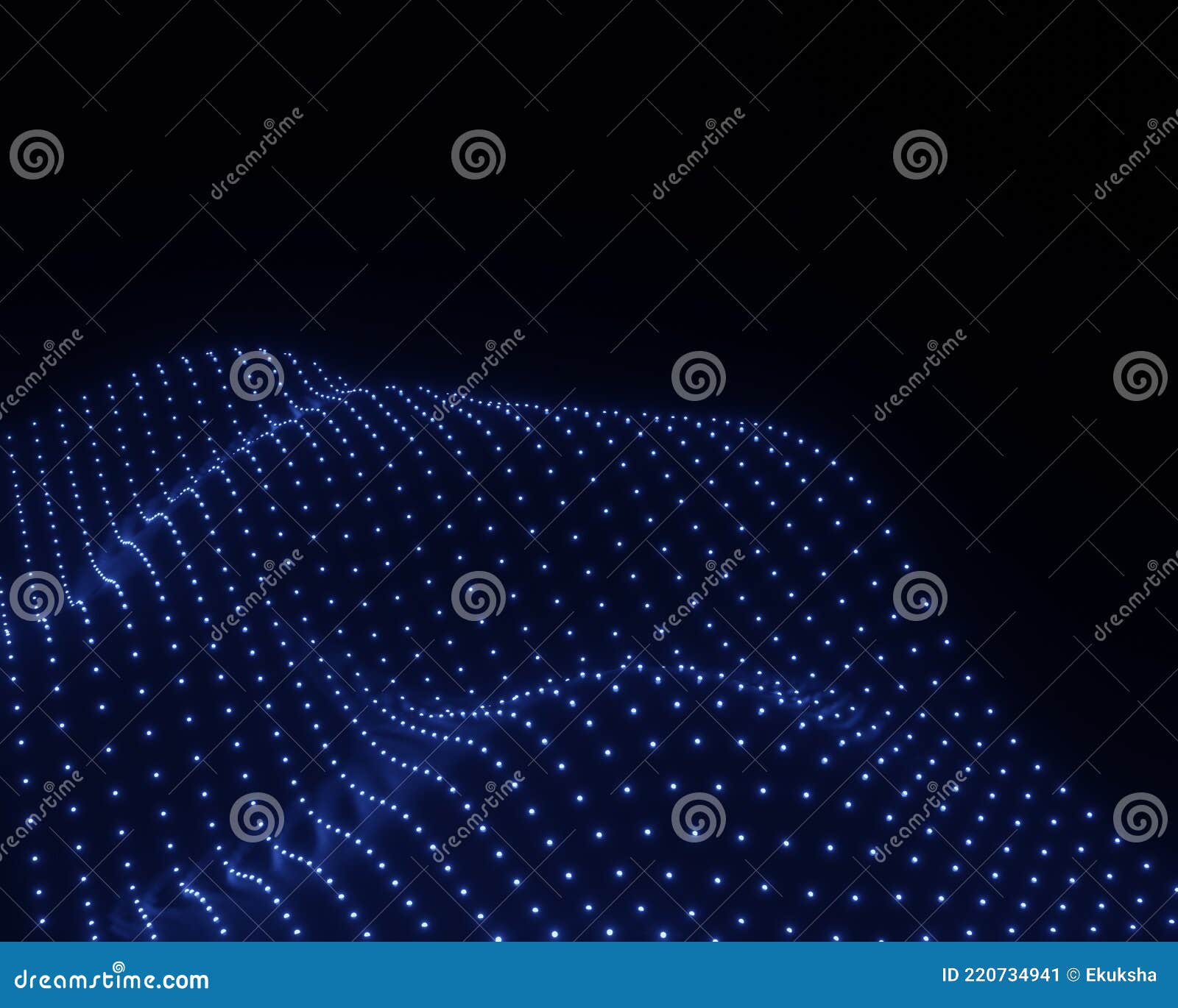 Abstract Wave Structured from Many Neon Blue Dots Over Black Background ...