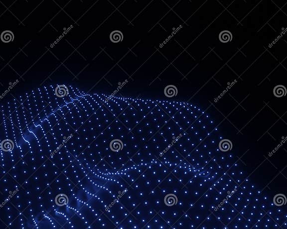 Abstract Wave Structured from Many Neon Blue Dots Over Black Background ...