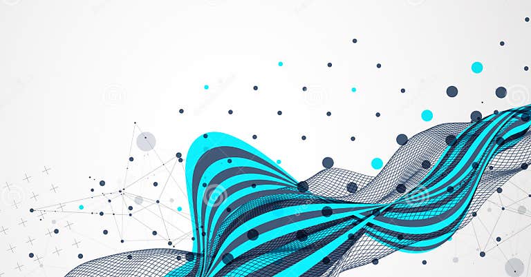 Abstract Wavy Background with Cyan Lines and Wireframe Wave. Vector ...