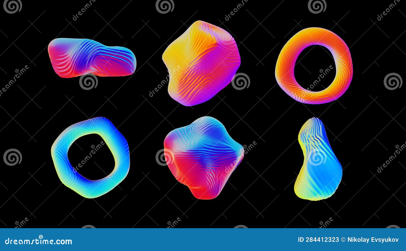 Abstract Wavy Objects. Set with Clipping Path. Iridescent. Colorful ...