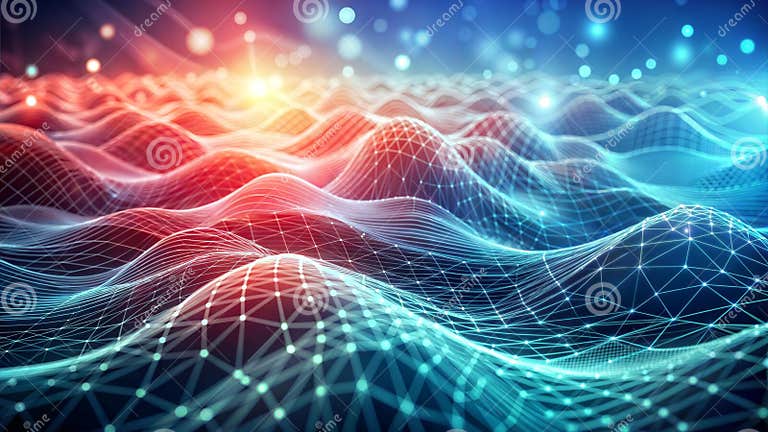Abstract Wavy Surface with Glowing Red Blue Network Lines Dots, Data ...