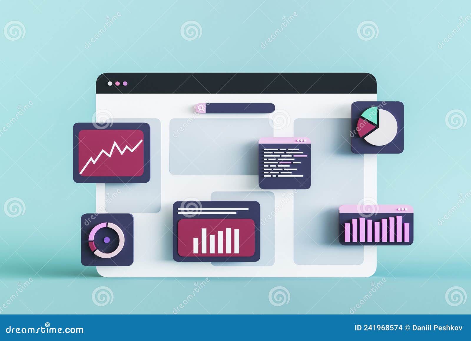 Abstract Web Browser Page on Light Background with Business Chart Icons ...