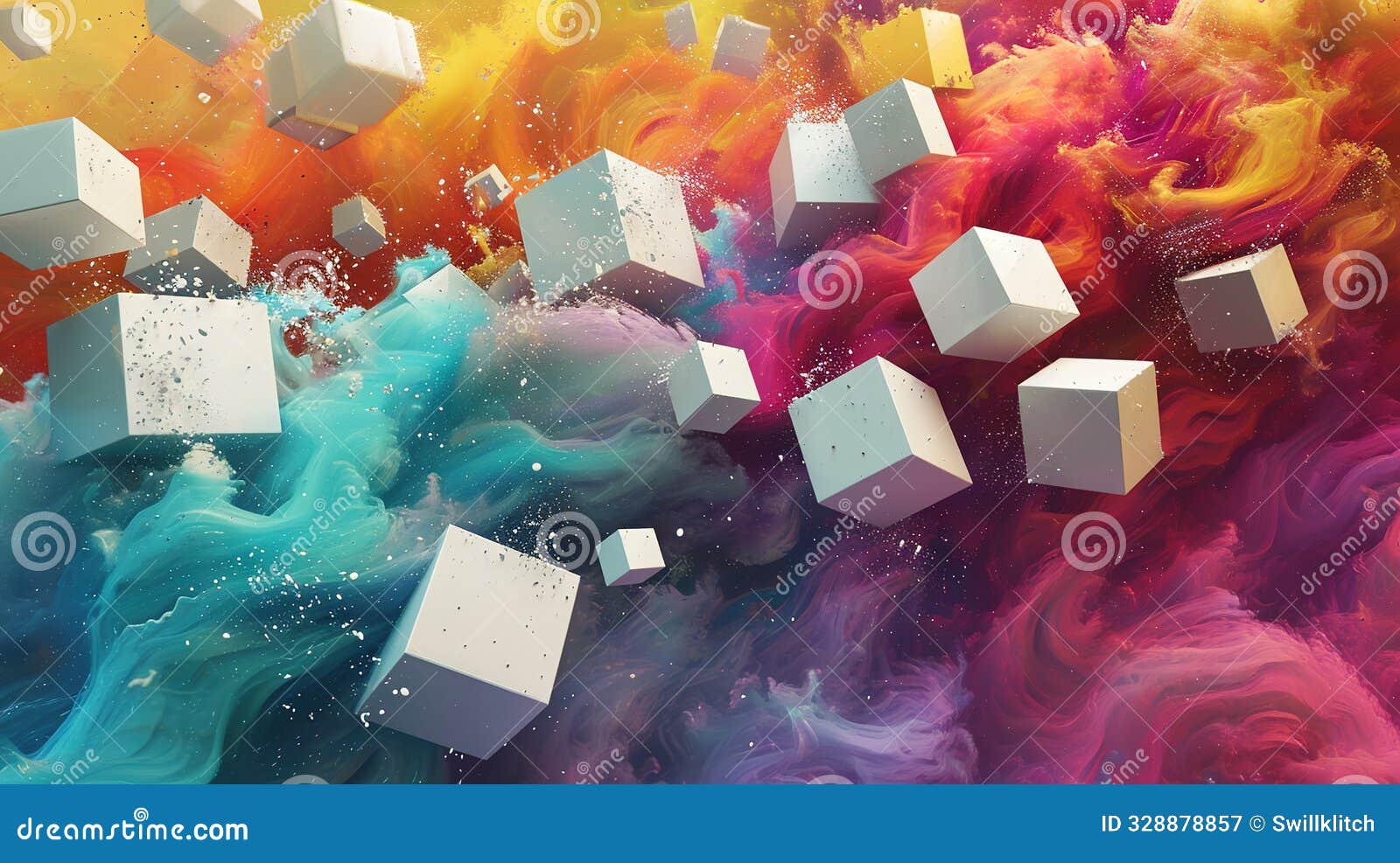 Abstract White Cubes Flying into Color Burst of Paint Stock Image ...