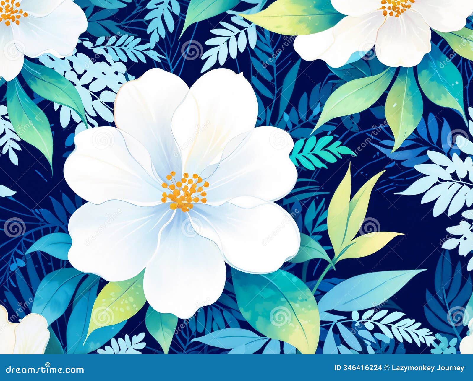 Abstract White Flower Pattern on Blue Background Illustration Art Stock ...
