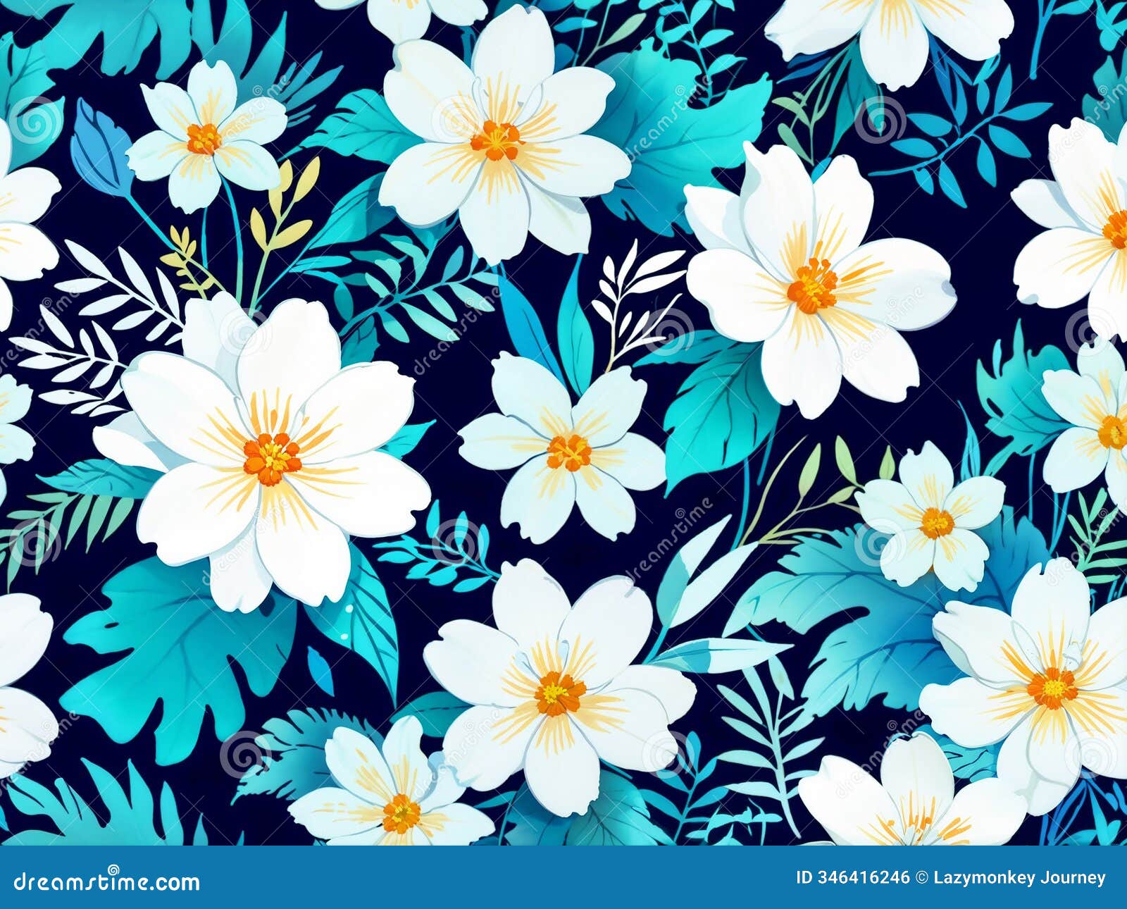 Abstract White Flower Pattern Illustration on Blue Background, Art ...