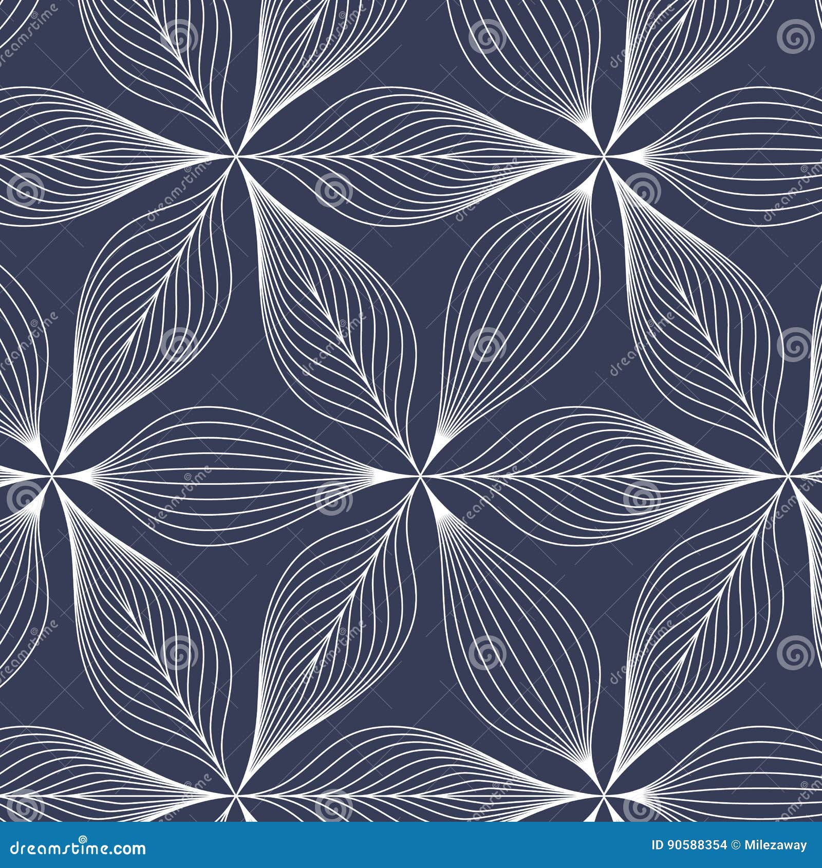 Abstract White Linear Leaves on Dark Blue Background. Vector Pattern ...