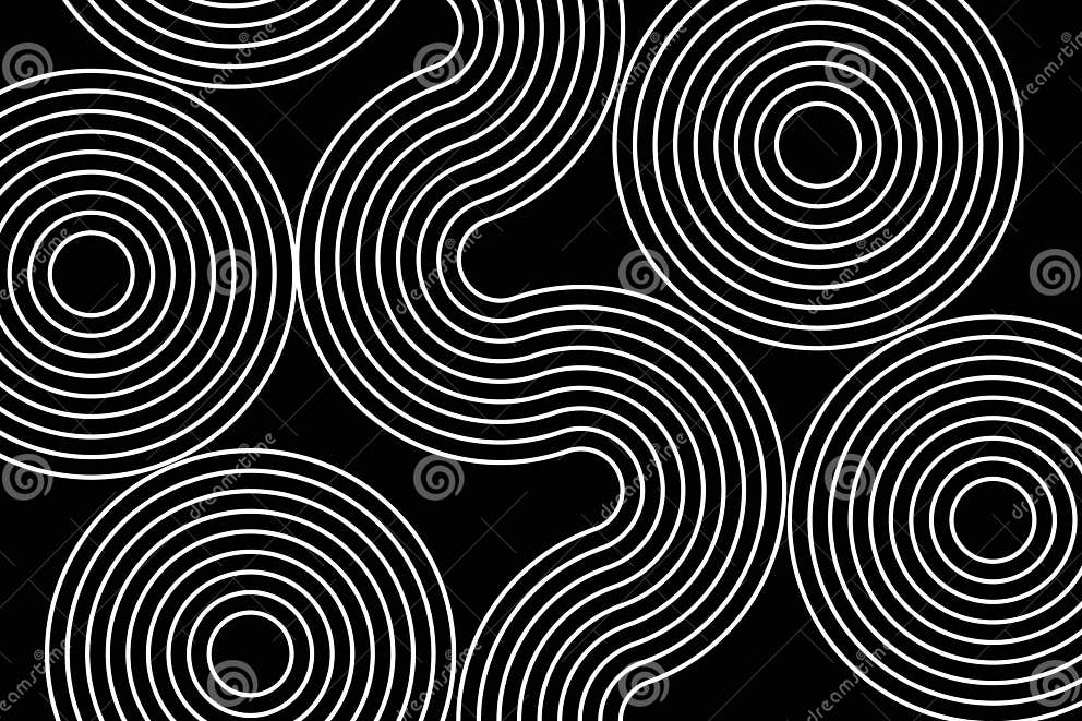 Abstract White Lines Circles on Black Background, Linear Swirls Path ...
