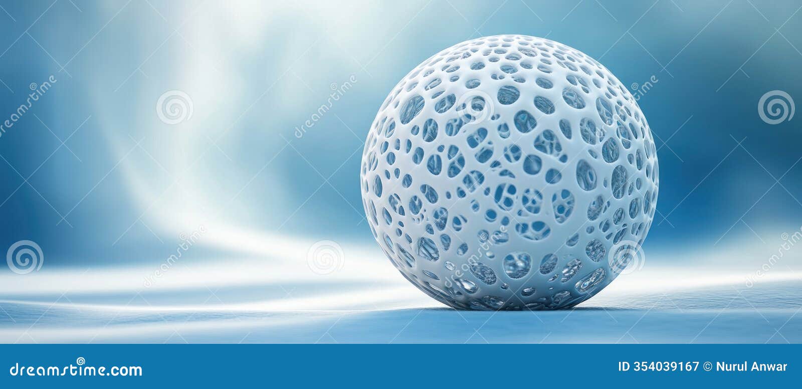 ABSTRACT WHITE SPHERE with POROUS STRUCTURE on BLUE GRADIENT BACKGROUND ...