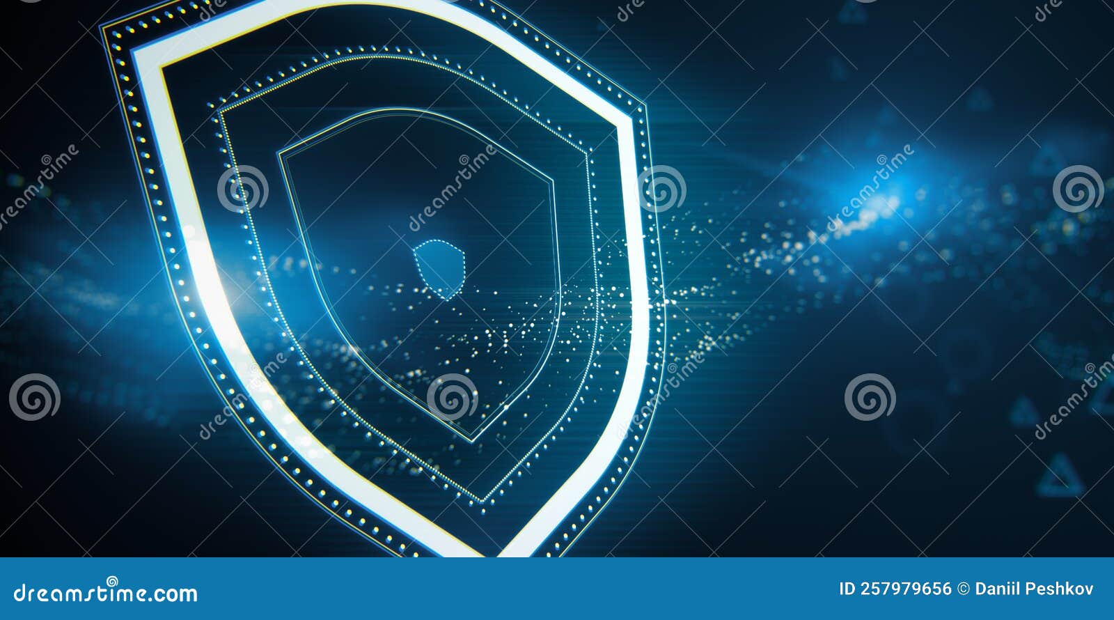 Abstract Wide Perspective Glowing Shield Hologram on Blue Background with Various Blurry Icons ...