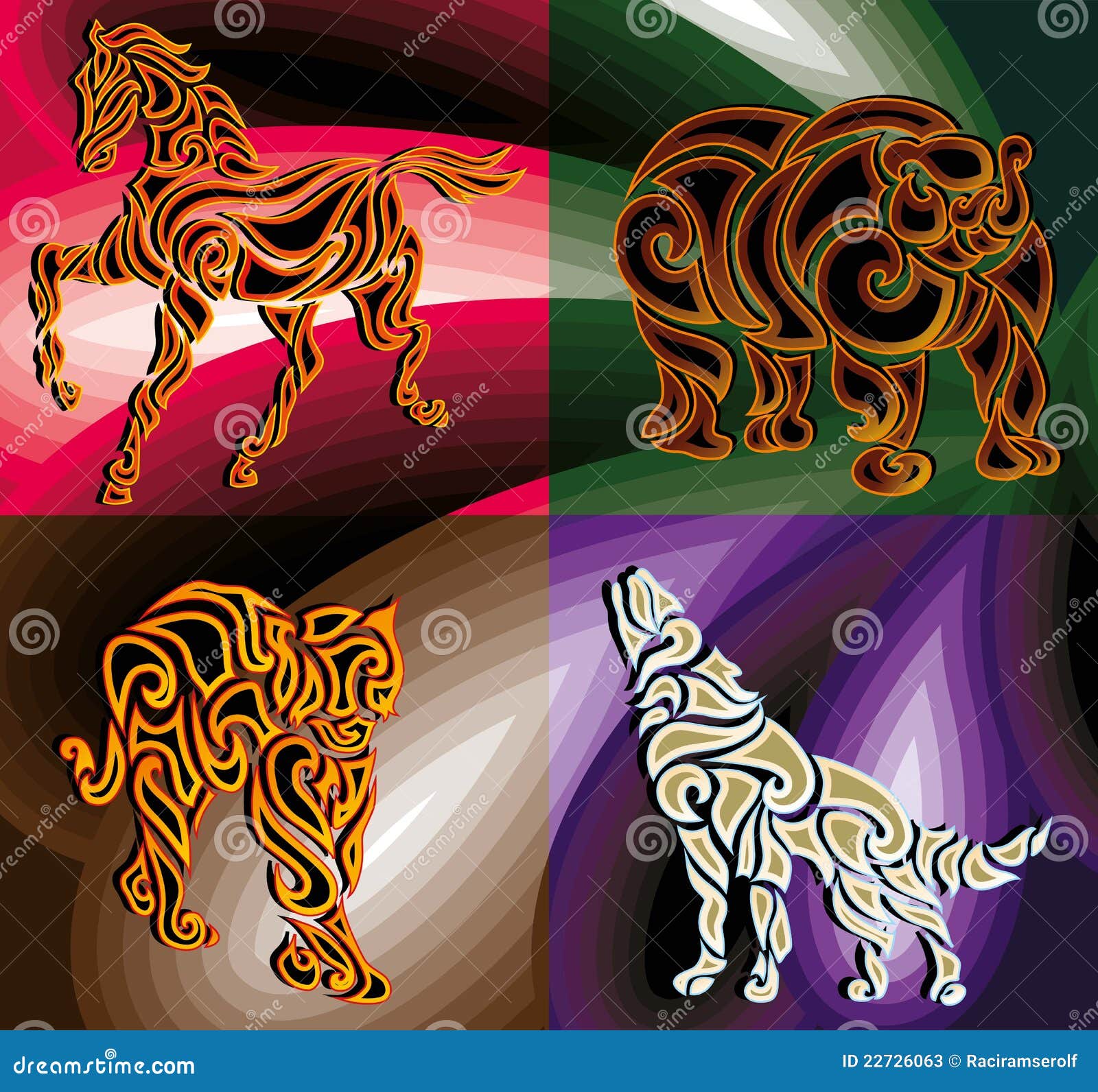 Abstract Wild And Domesticated Animals: Capybara, Bear, Hare, Fox, Ox ...