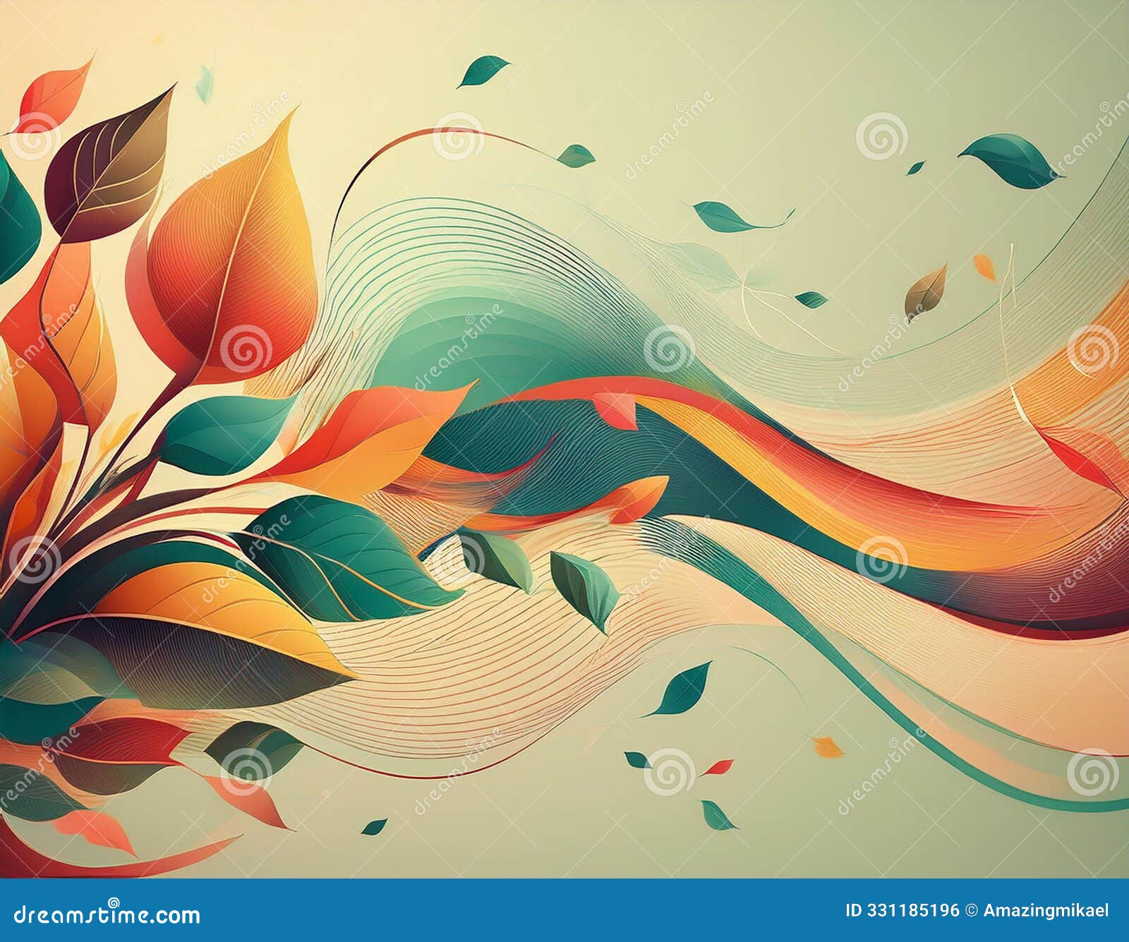 Abstract Wind and Leaves Sweeping Lines and Scattered Leaf Shapes in ...