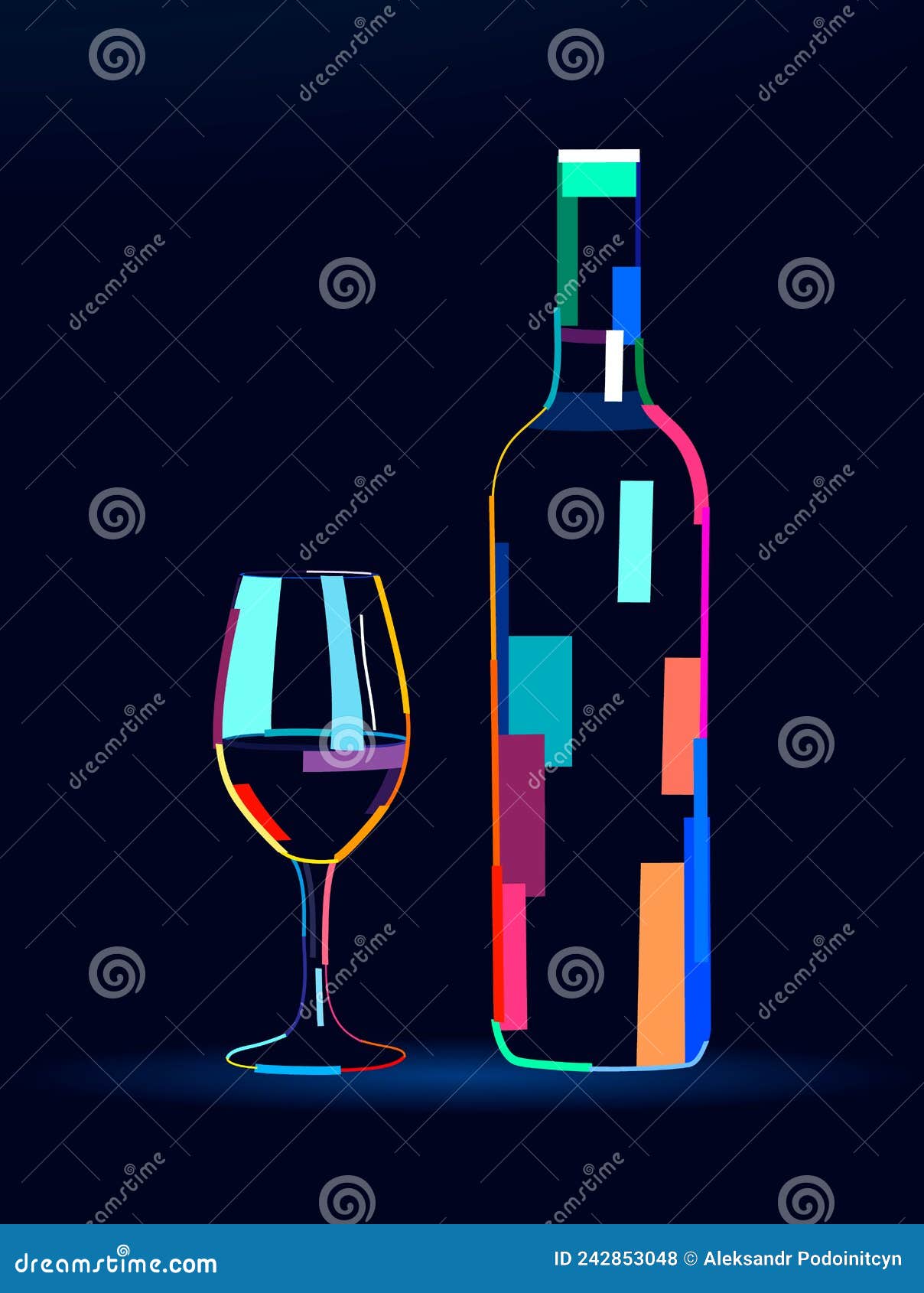 Abstract Wine Bottle with Glass from Multicolored Paints. Colored ...