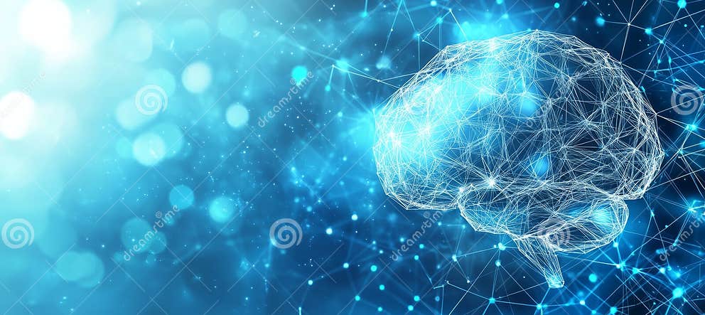 Abstract Wireframe Brain Glowing on Technology Background, Brain with ...