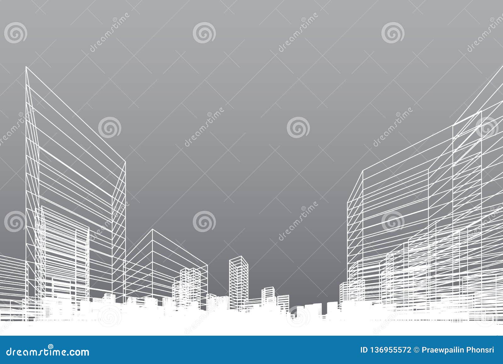 Abstract Wireframe City Background. Perspective 3D Render of Building ...
