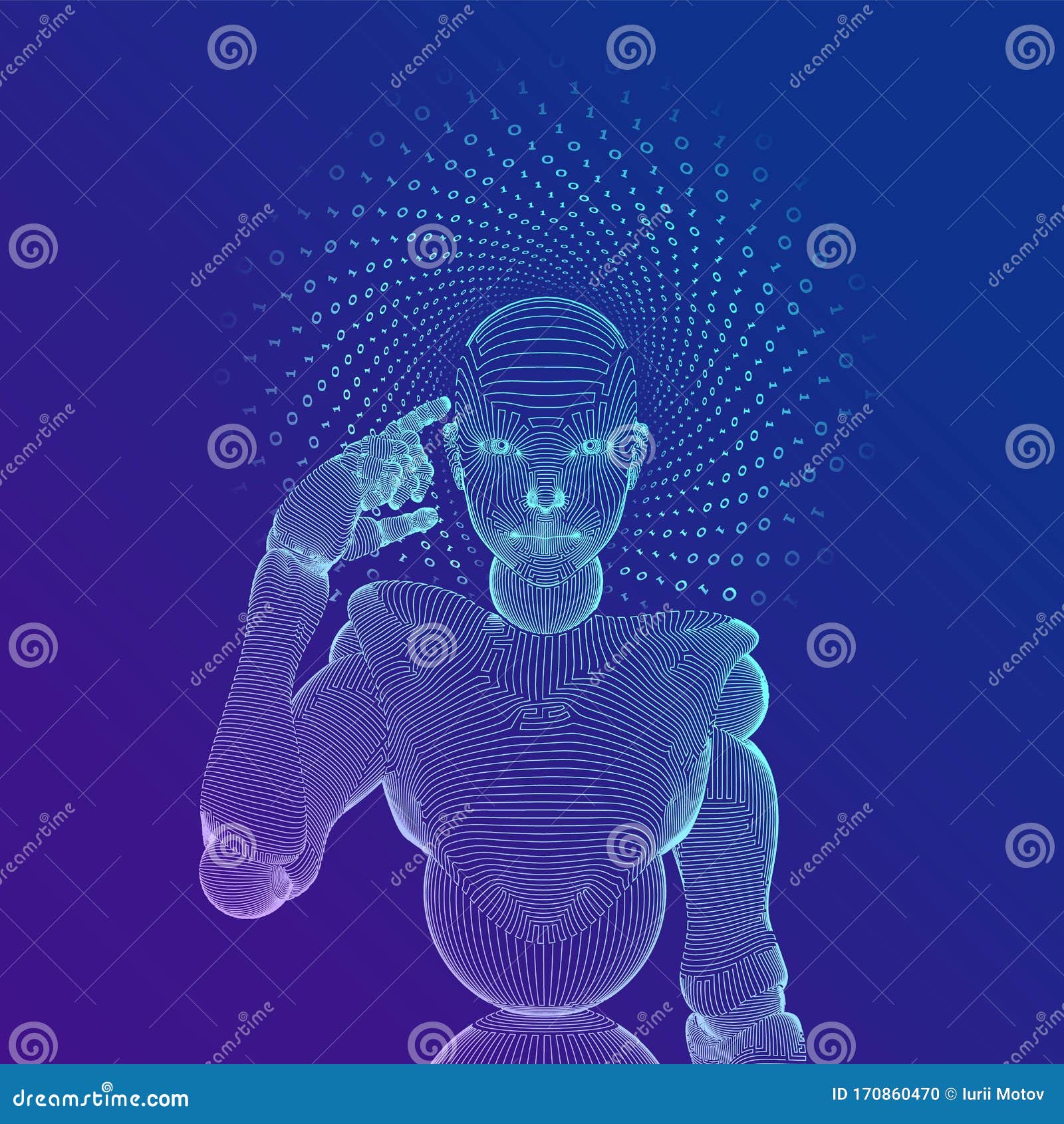 Abstract Wireframe Female Cyborg or Robot Holds a Finger Near the Head ...