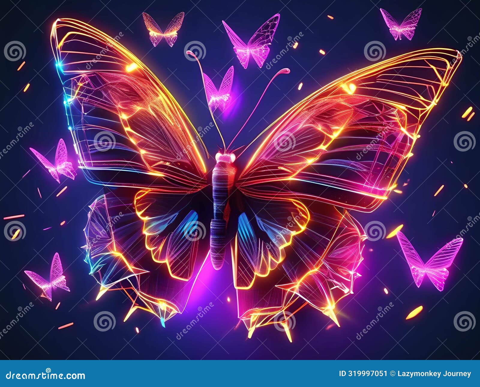 Abstract Wireframe Flock of Butterflies Neon Technology Structure Stock ...