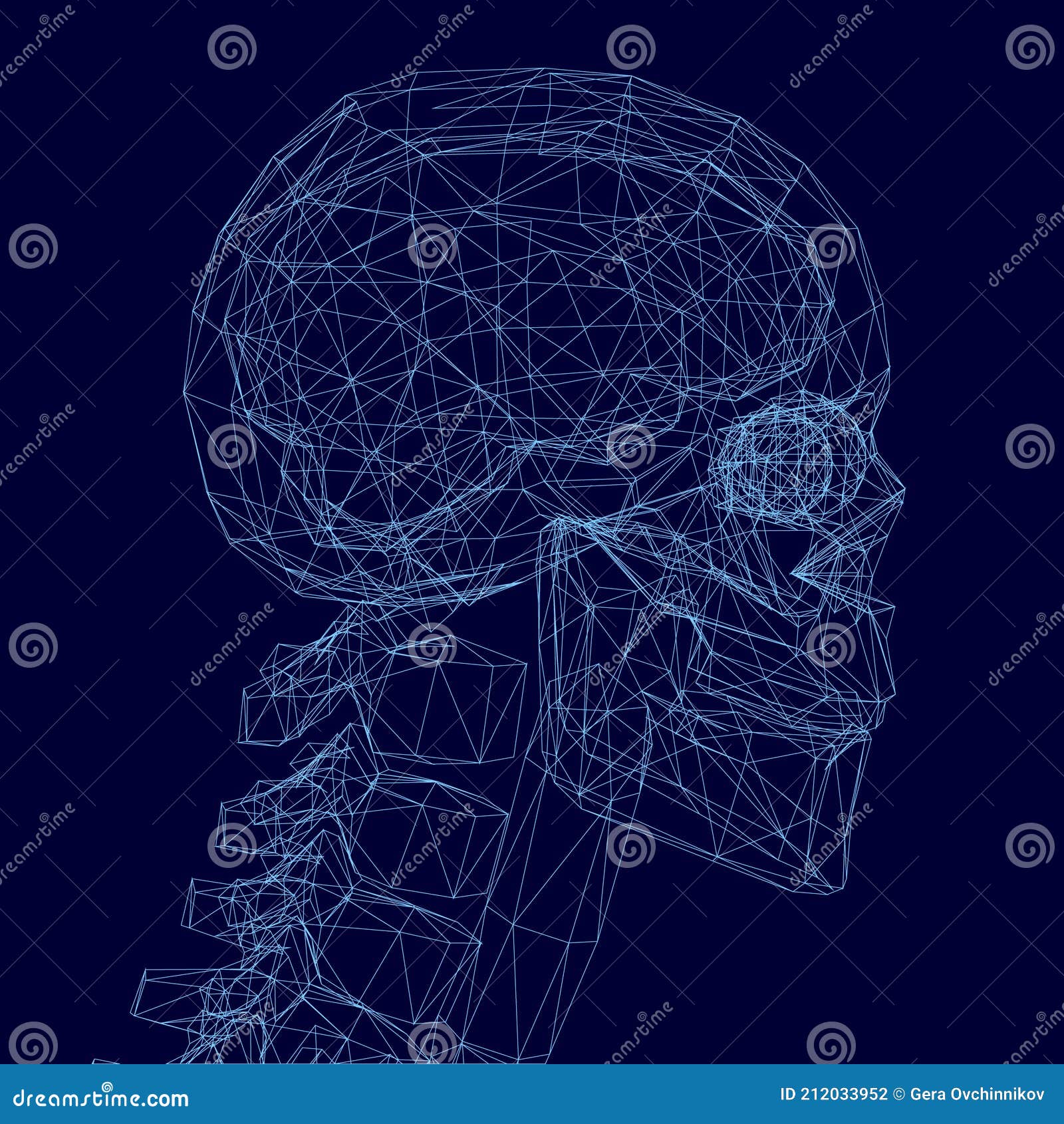Abstract Wireframe of Human Skull Made of Blue Lines on a Dark ...