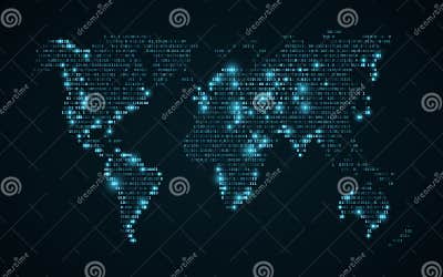 Abstract World Map of Binary Code. Glowing Map of the Earth. Dark Blue ...