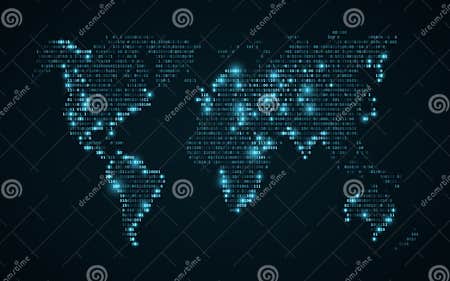 Abstract World Map of Binary Code. Glowing Map of the Earth. Dark Blue ...
