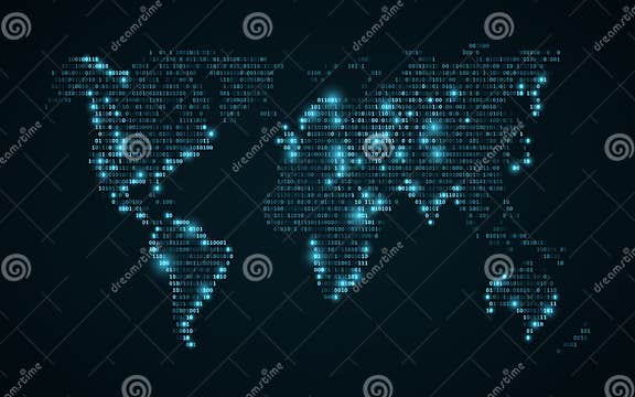 Abstract World Map of Binary Code. Glowing Map of the Earth. Dark Blue ...