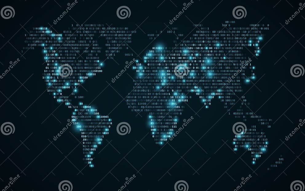 Abstract World Map of Binary Code. Glowing Map of the Earth. Dark Blue ...
