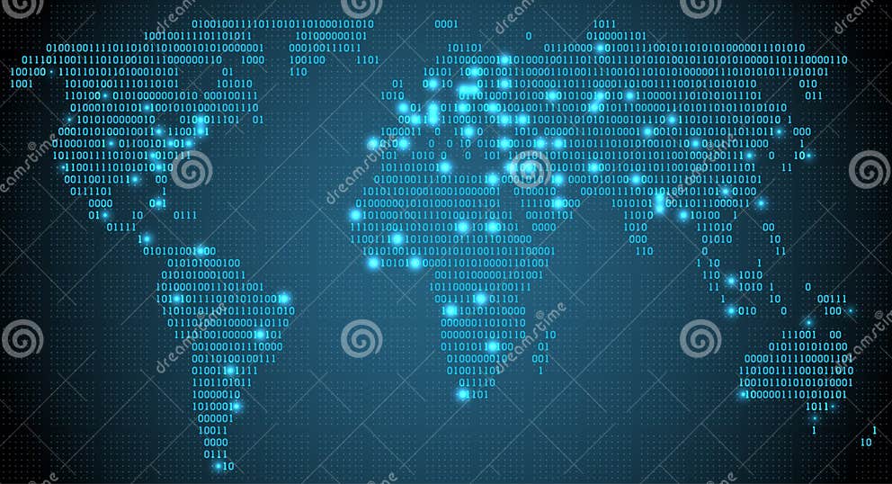 Abstract World Map with Digital Binary Continents, Glowing Cities, Well Organized Layers Stock ...
