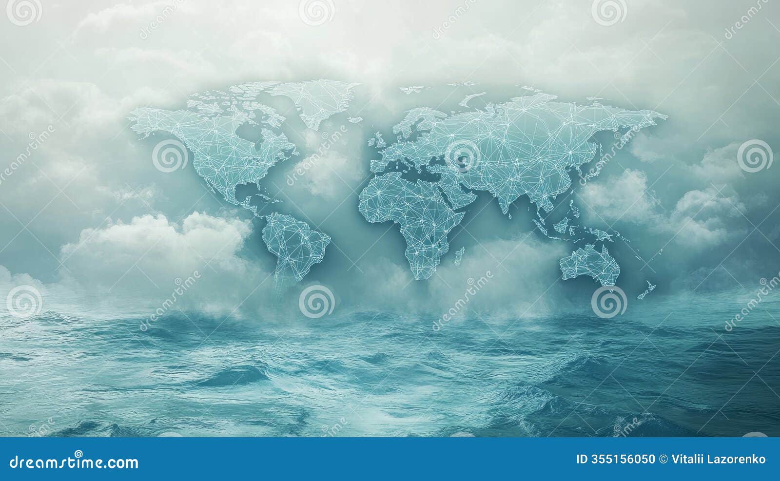 Abstract World Map Over Ocean with Cloudy Atmosphere Stock Illustration ...