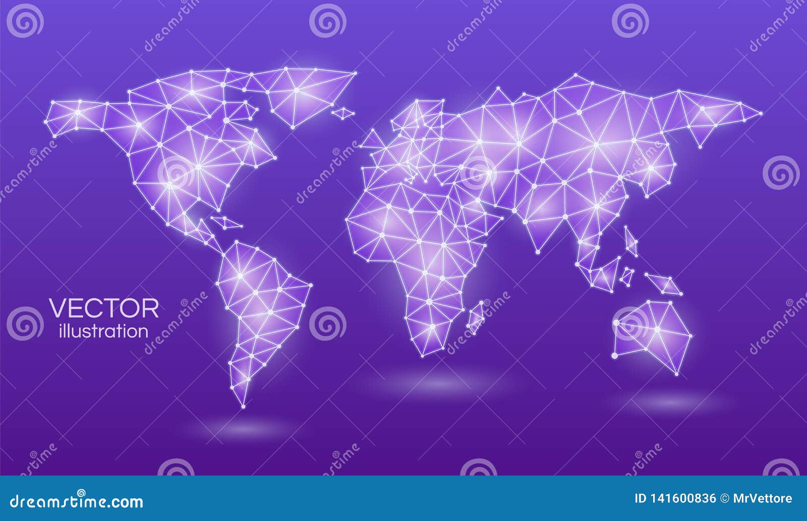 Abstract World Map in a Triangular Shape Violet Neon Light. on a Purple ...