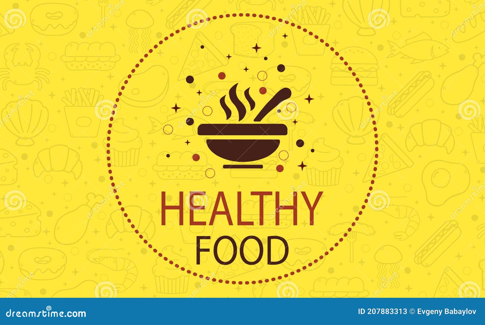 Abstract Yellow Background with Healthy Food Elements and Logo - Vector ...