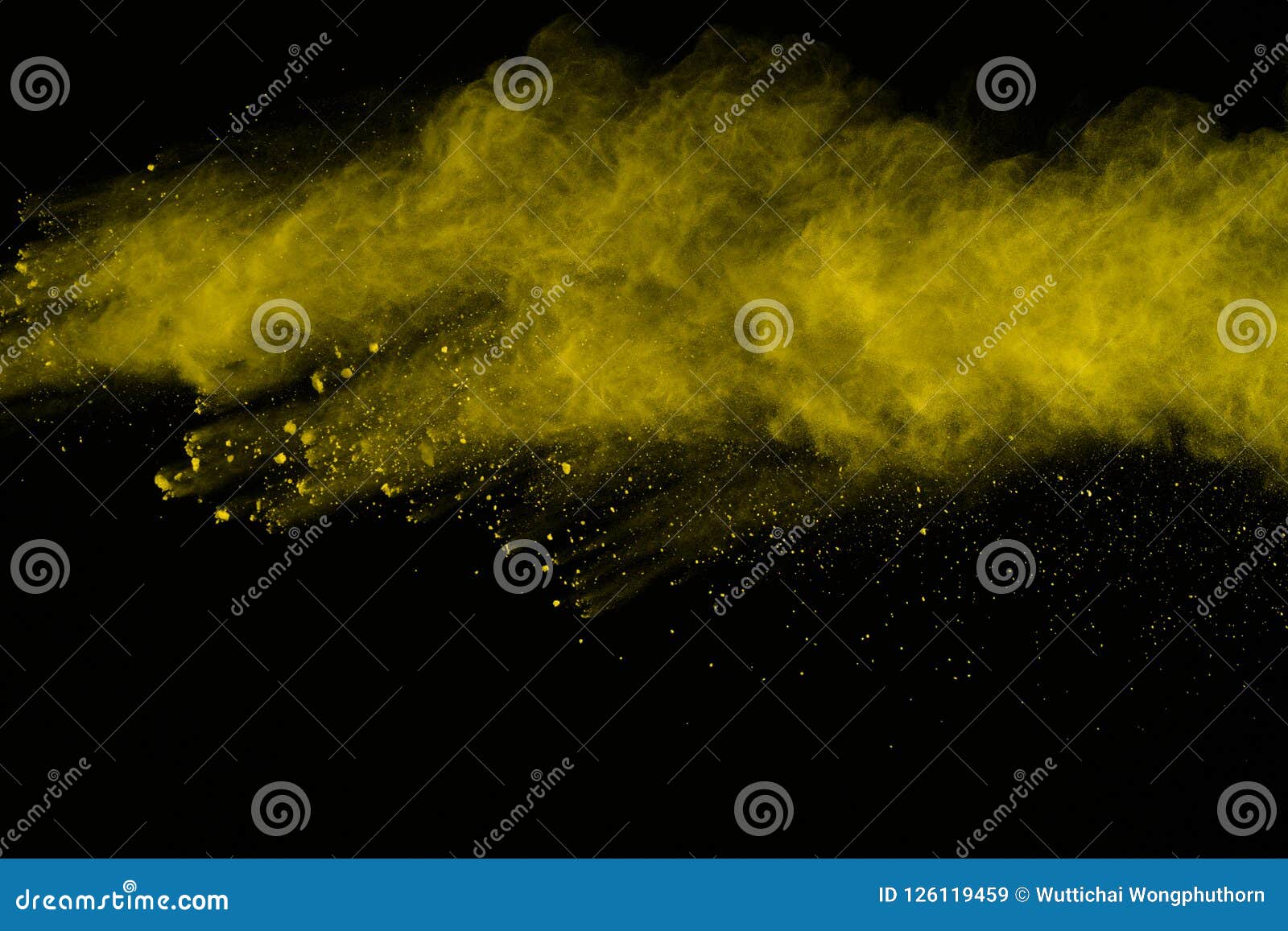 Abstract of Yellow Powder Explosion on Black Background. Yellow Powder ...
