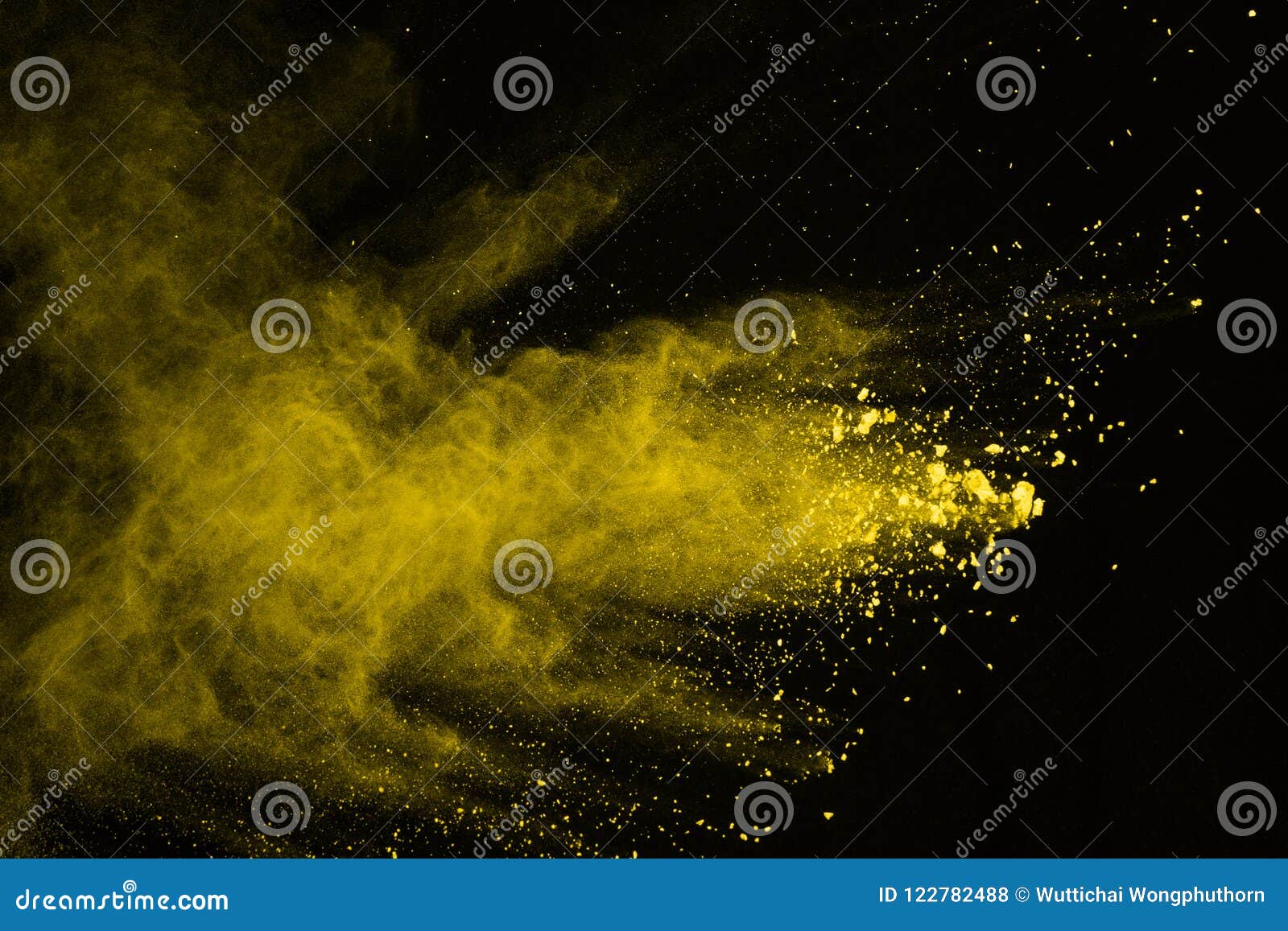 Abstract of Yellow Powder Explosion on Black Background. Yellow Powder ...
