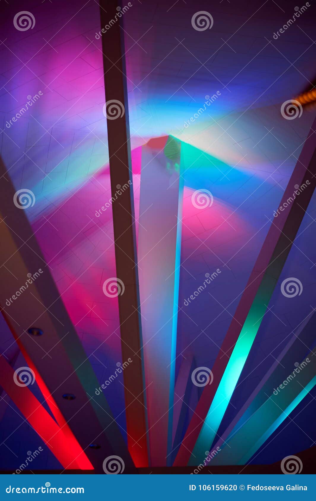 Abstraction.Beams Under Polycom with Coloured Lights. Beautiful Rich ...
